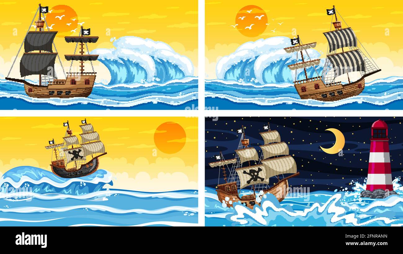 Set of Ocean with Pirate ship at different times scenes in cartoon ...