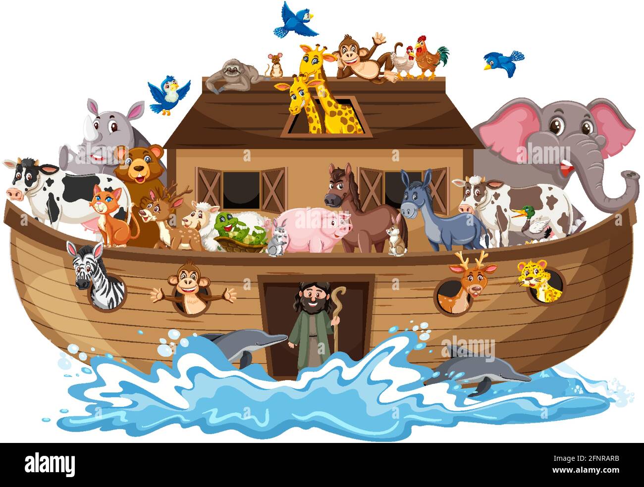 Noah's Ark with Animals on water wave isolated on white background ...