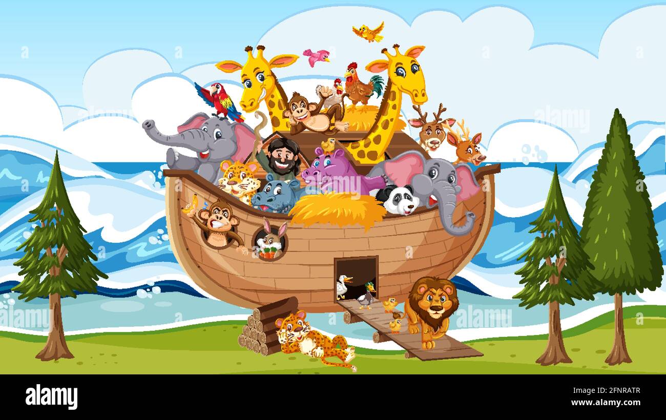 Animals on Noah's ark floating in the ocean scene illustration Stock Vector Image & Art - Alamy