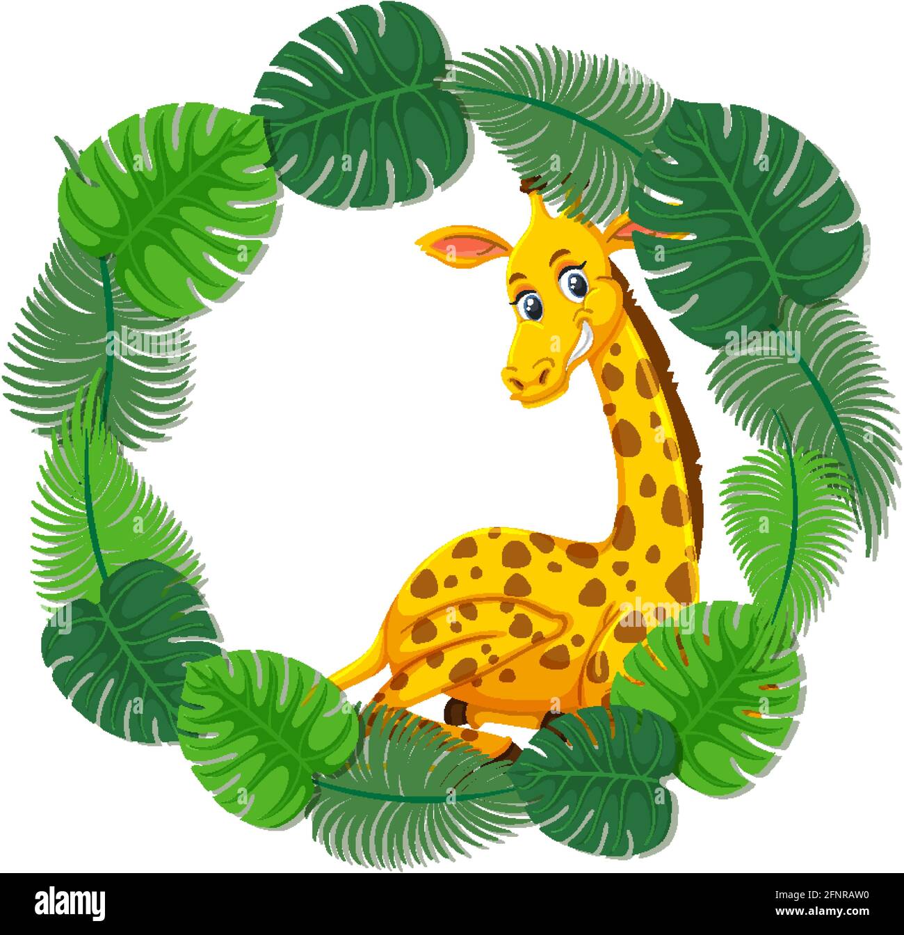 Round green leaves banner template with a giraffe cartoon character ...