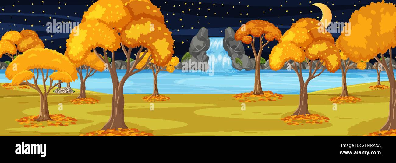 Park in autumn season horizontal scene at night time illustration Stock ...