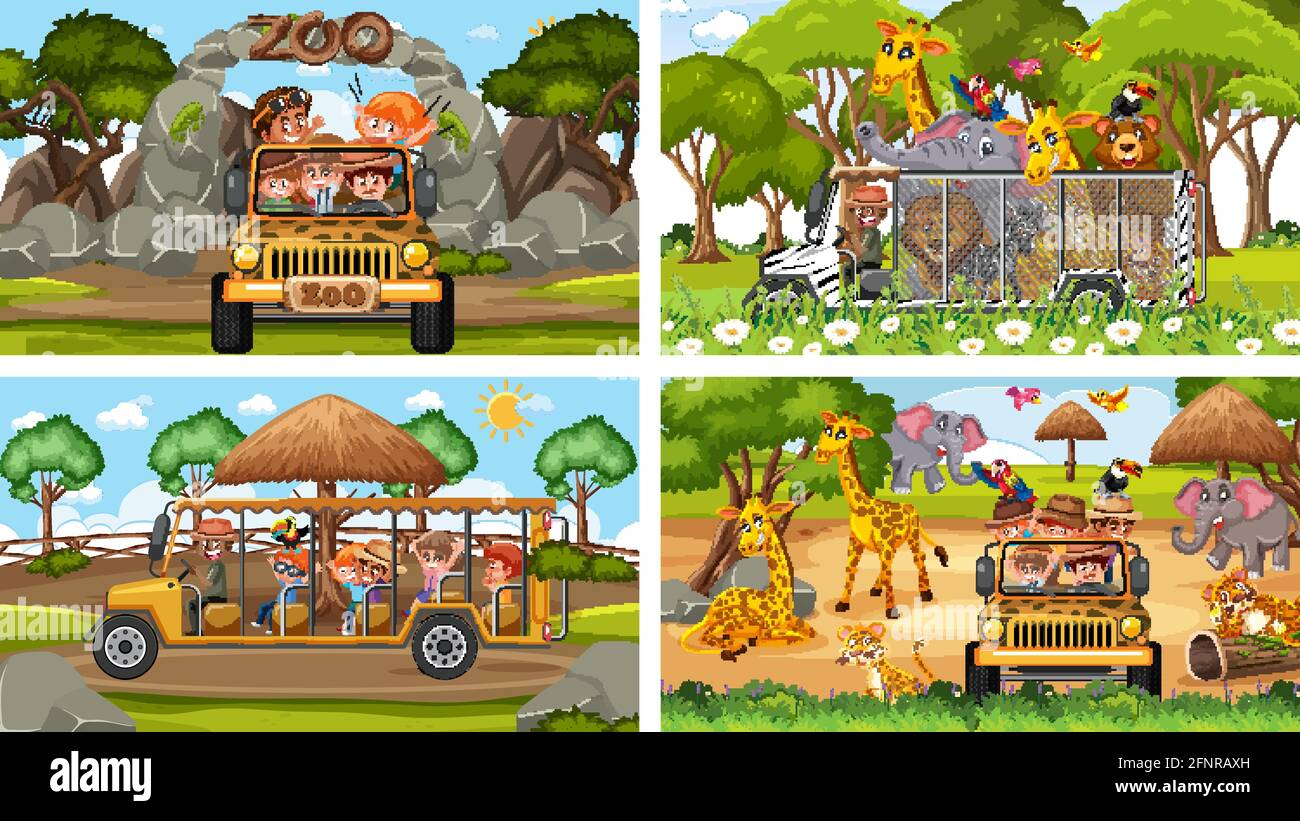 Four different zoo scenes with kids and animals illustration Stock ...