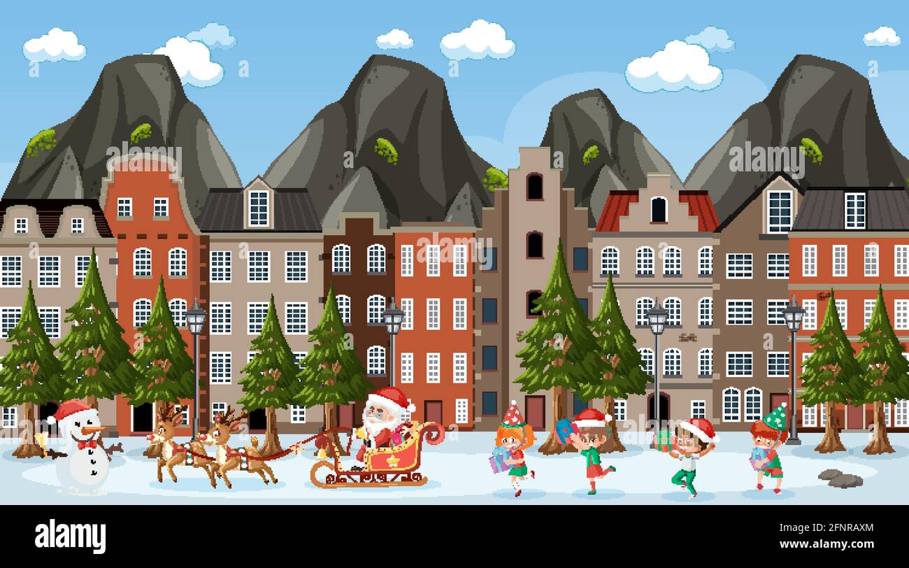 Christmas season theme with Santa and many children walking on the road ...