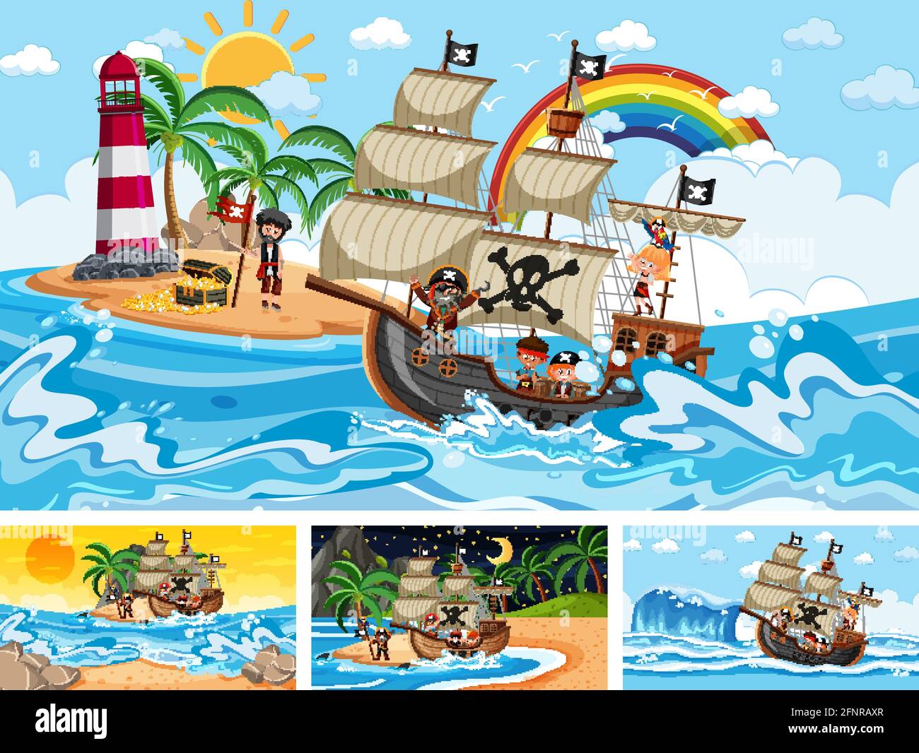 Four different beach scenes with pirate ship illustration Stock Vector ...