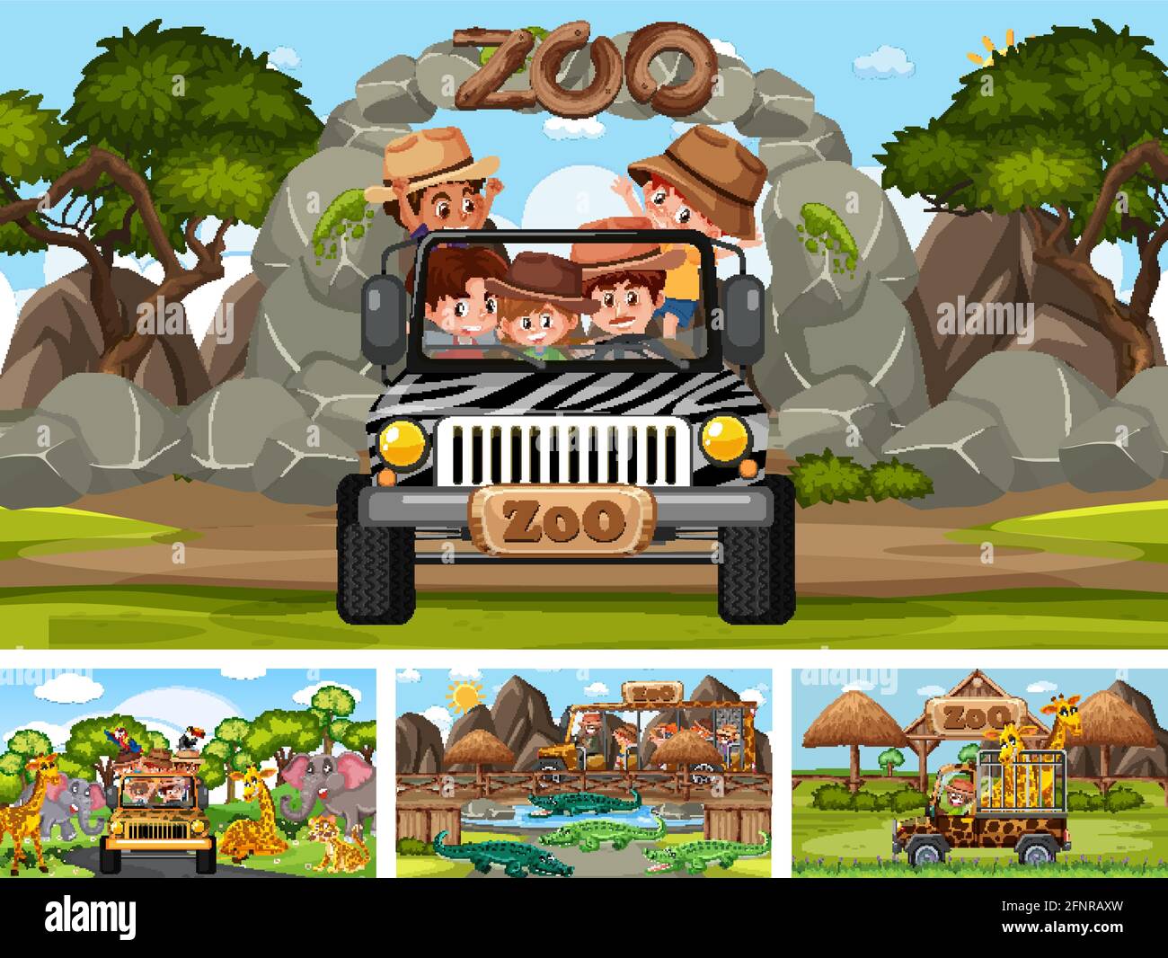 Four different zoo scenes with kids and animals illustration Stock ...