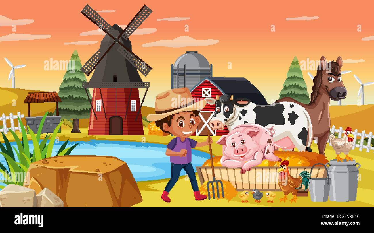 A farmer boy in the farm scene with farm animals illustration Stock ...