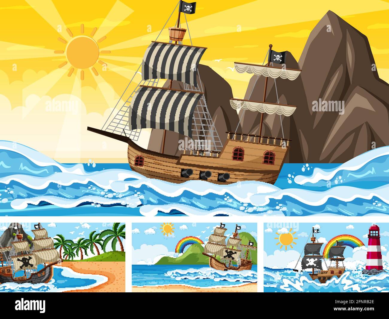 Set of ocean scenes at different times with Pirate ship in cartoon ...