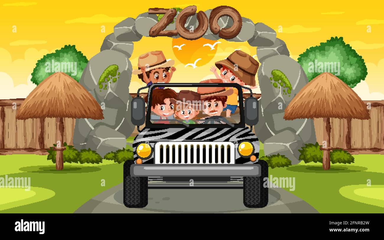 Zoo at sunset time scene with many kids in a jeep car illustration ...