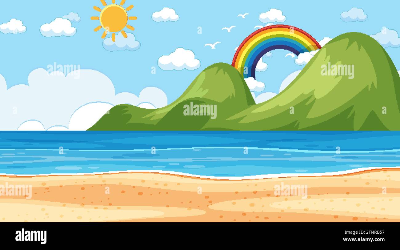 Beach landscape at day time scene with mountain background illustration ...