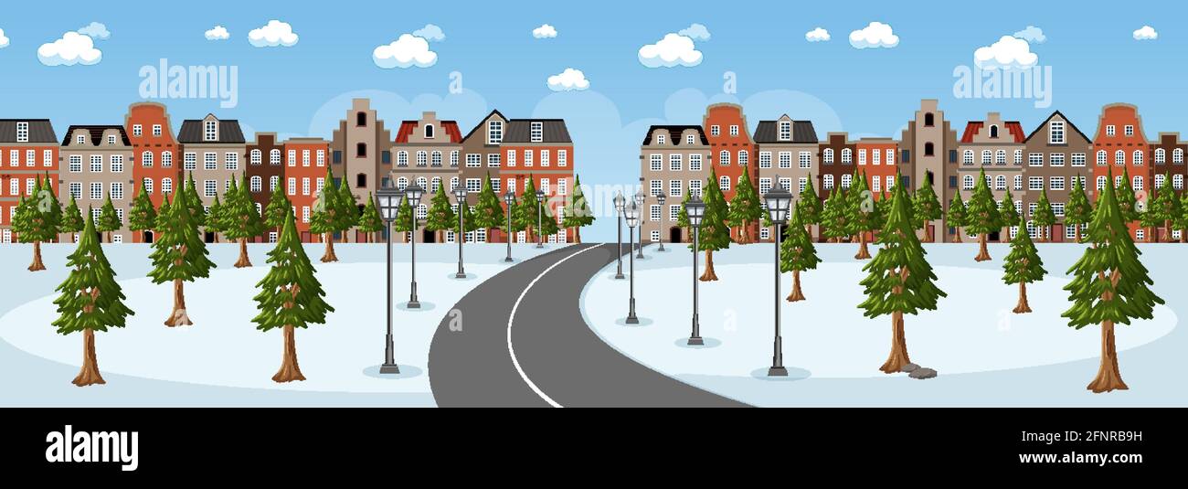Horizontal scene at day time with long road through snow park into the ...