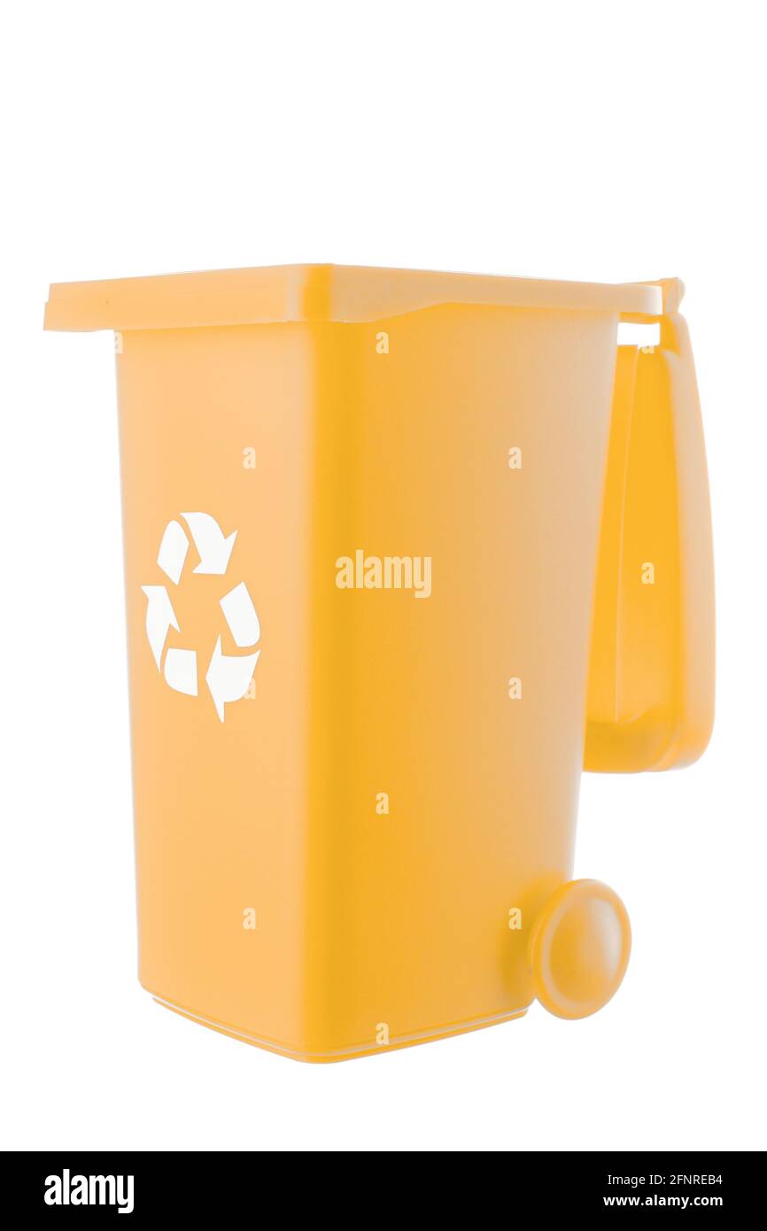 Plastic yellow trash can isolated on white background Stock Photo - Alamy
