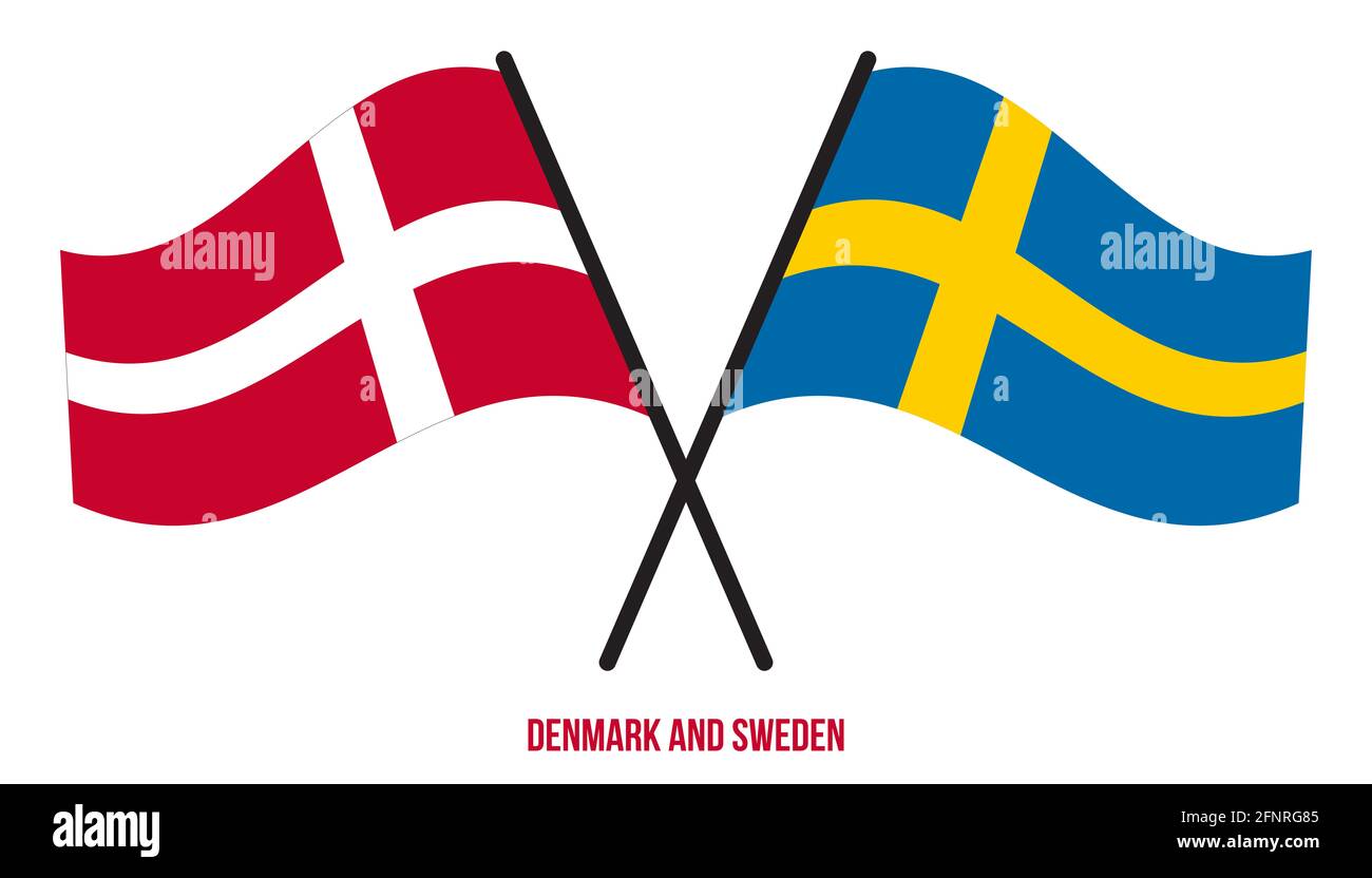 Denmark and Sweden Flags Crossed And Waving Flat Style. Official ...