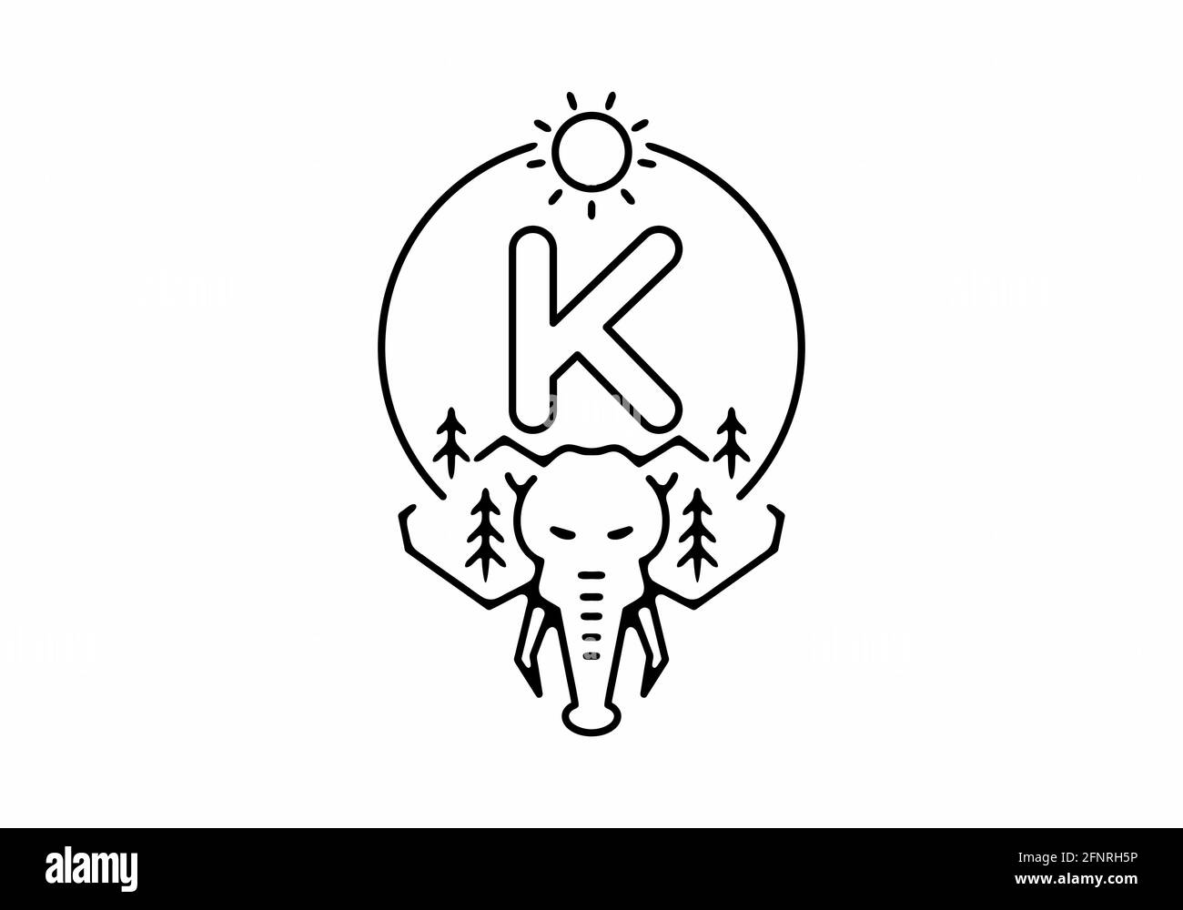 Black line art illustration of elephant head with K initial letter ...