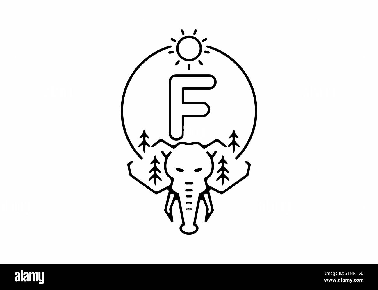 Black line art illustration of elephant head with F initial letter ...