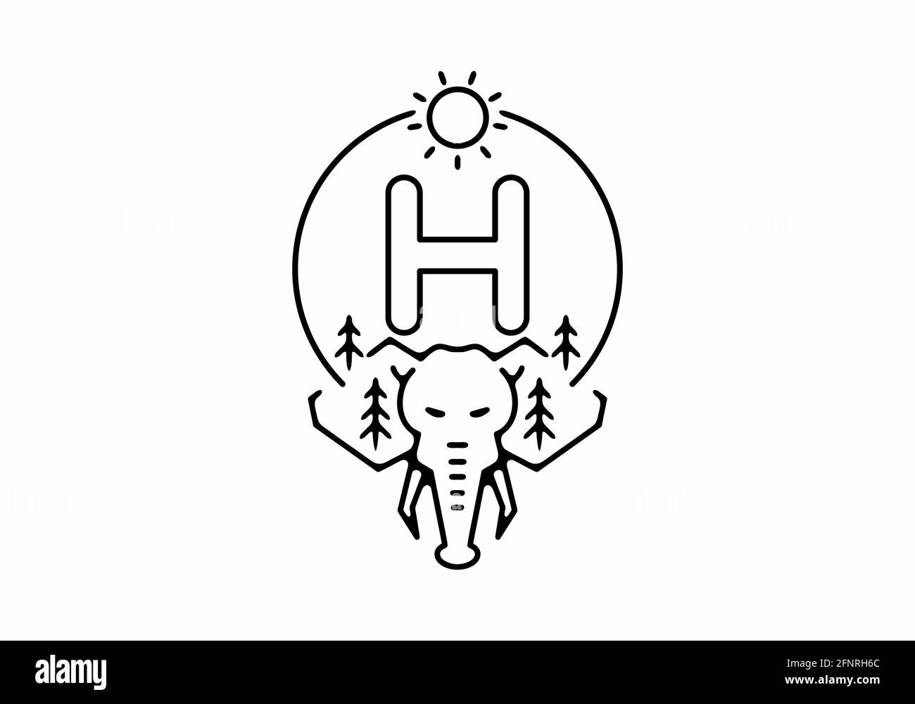 Black line art illustration of elephant head with H initial letter ...