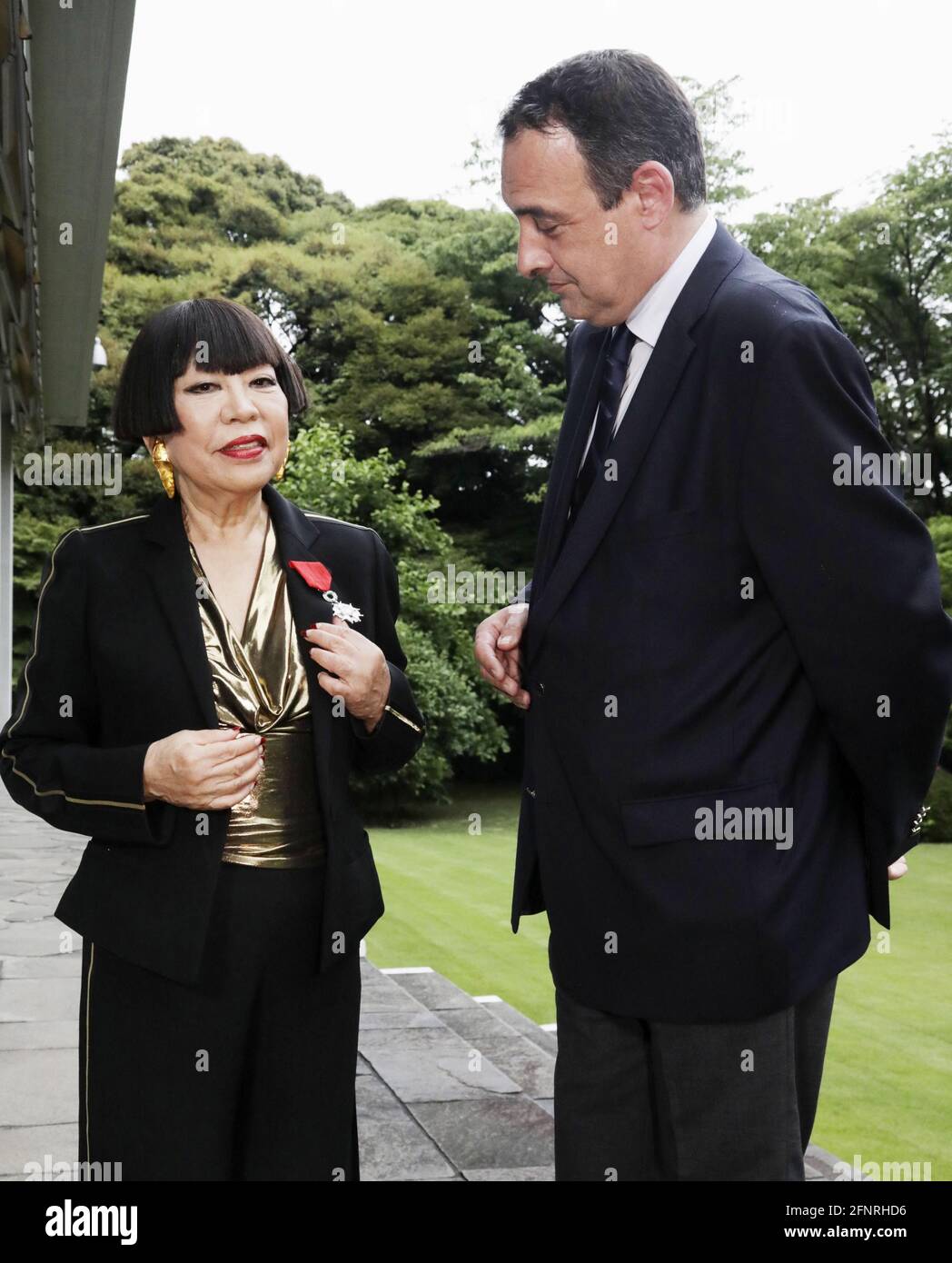 Japanese fashion designer Junko Koshino (L) is pictured with French ...