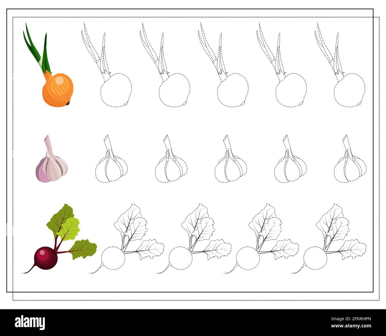 game for kids outline, practice handwriting, vegetables onion, garlic ...
