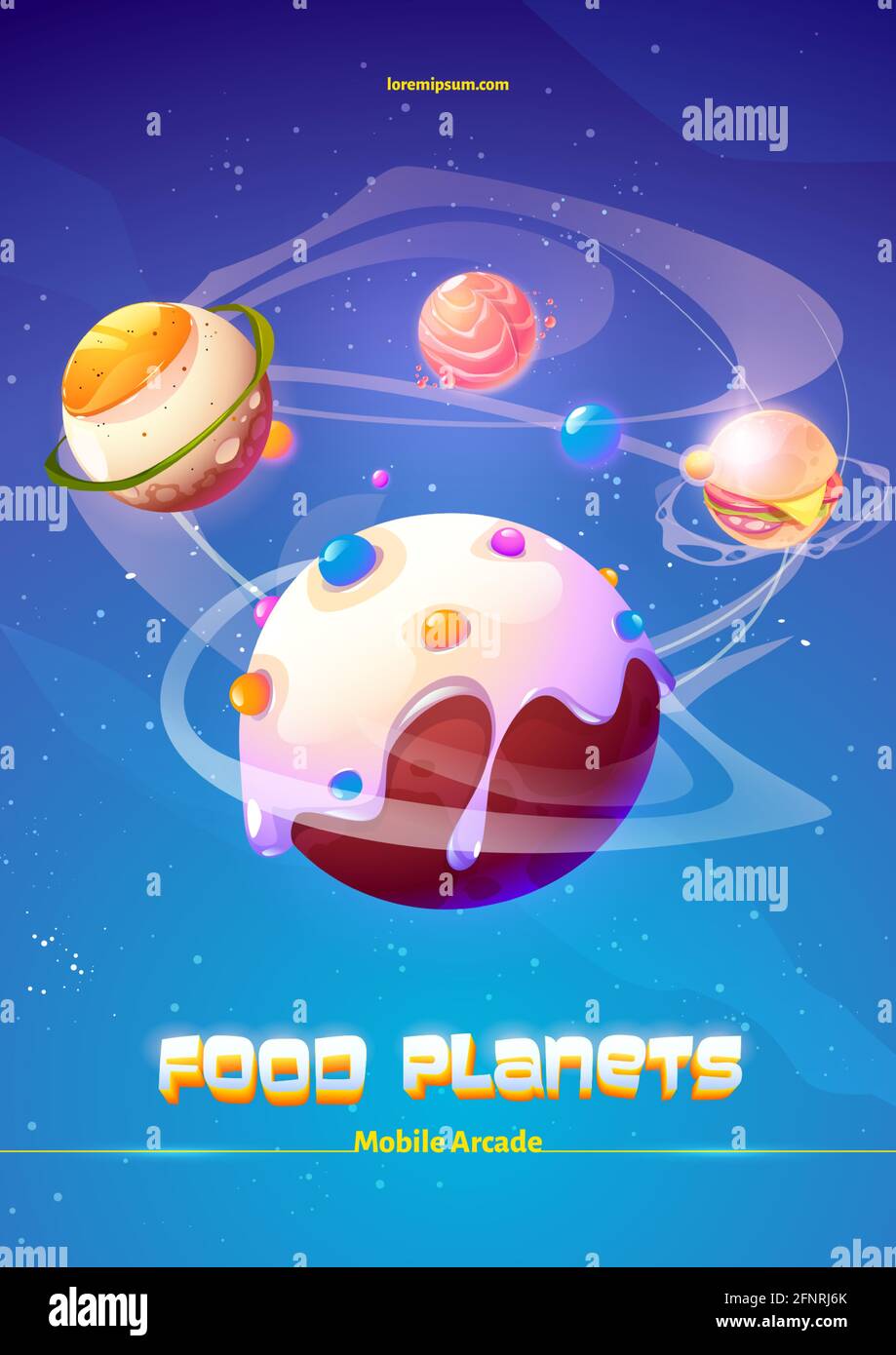 Mobile arcade food planets adventure game, cartoon poster with egg ...