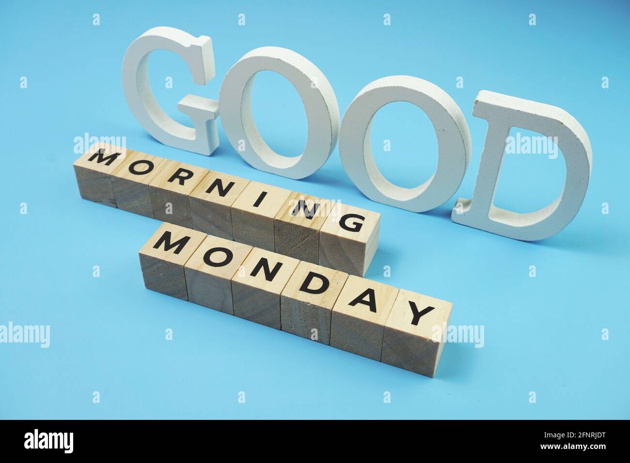 Good Morning Monday Word alphabet letters on blue background Stock ...