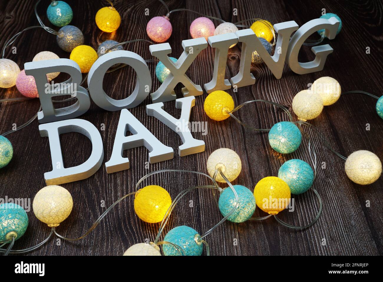 Boxing Day alphabet letters with LED cotton balls decoration on wooden ...
