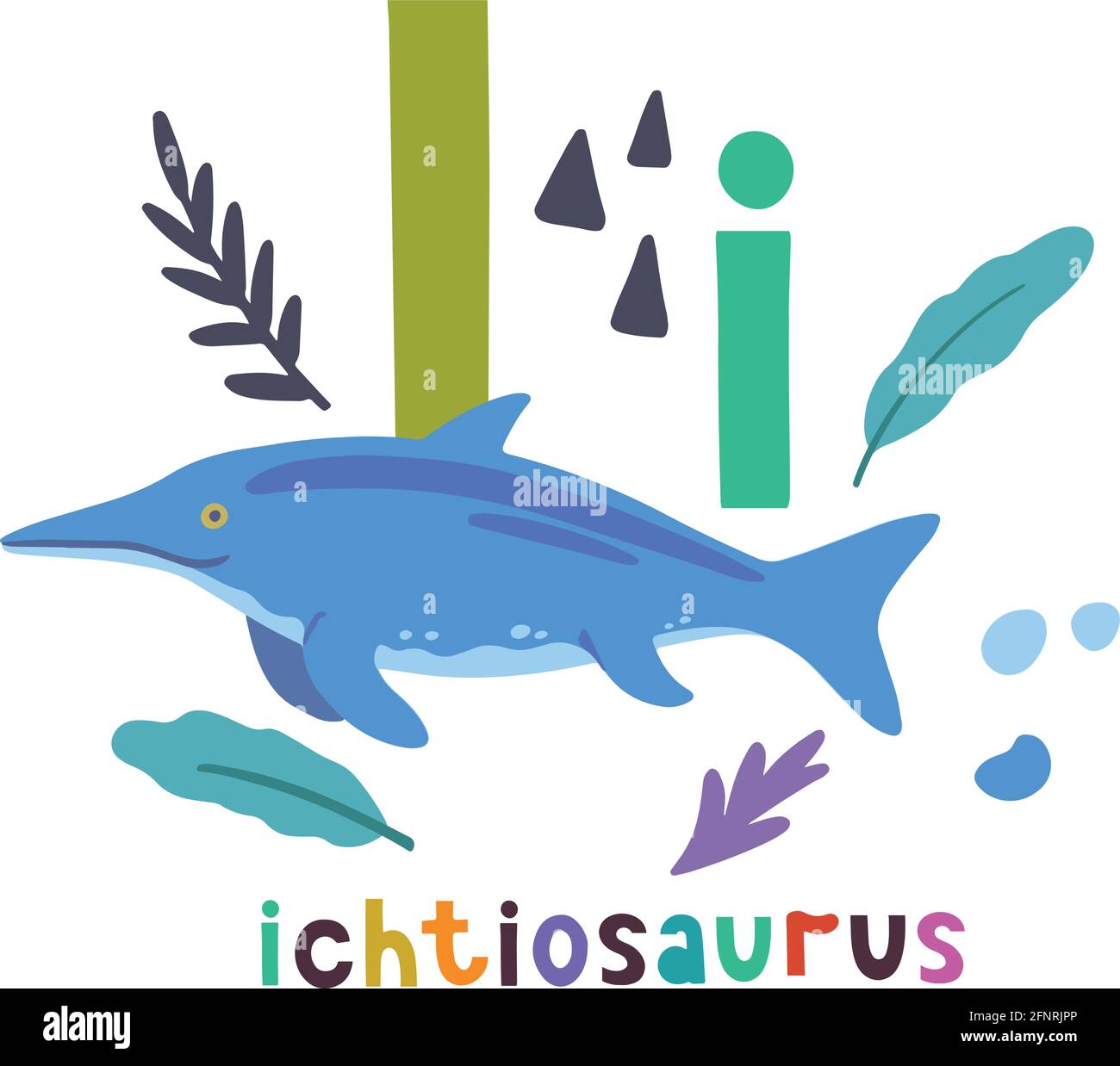 Ichtiosaurus. Cute cartoon hand drawn illustration with dinosaur and I ...