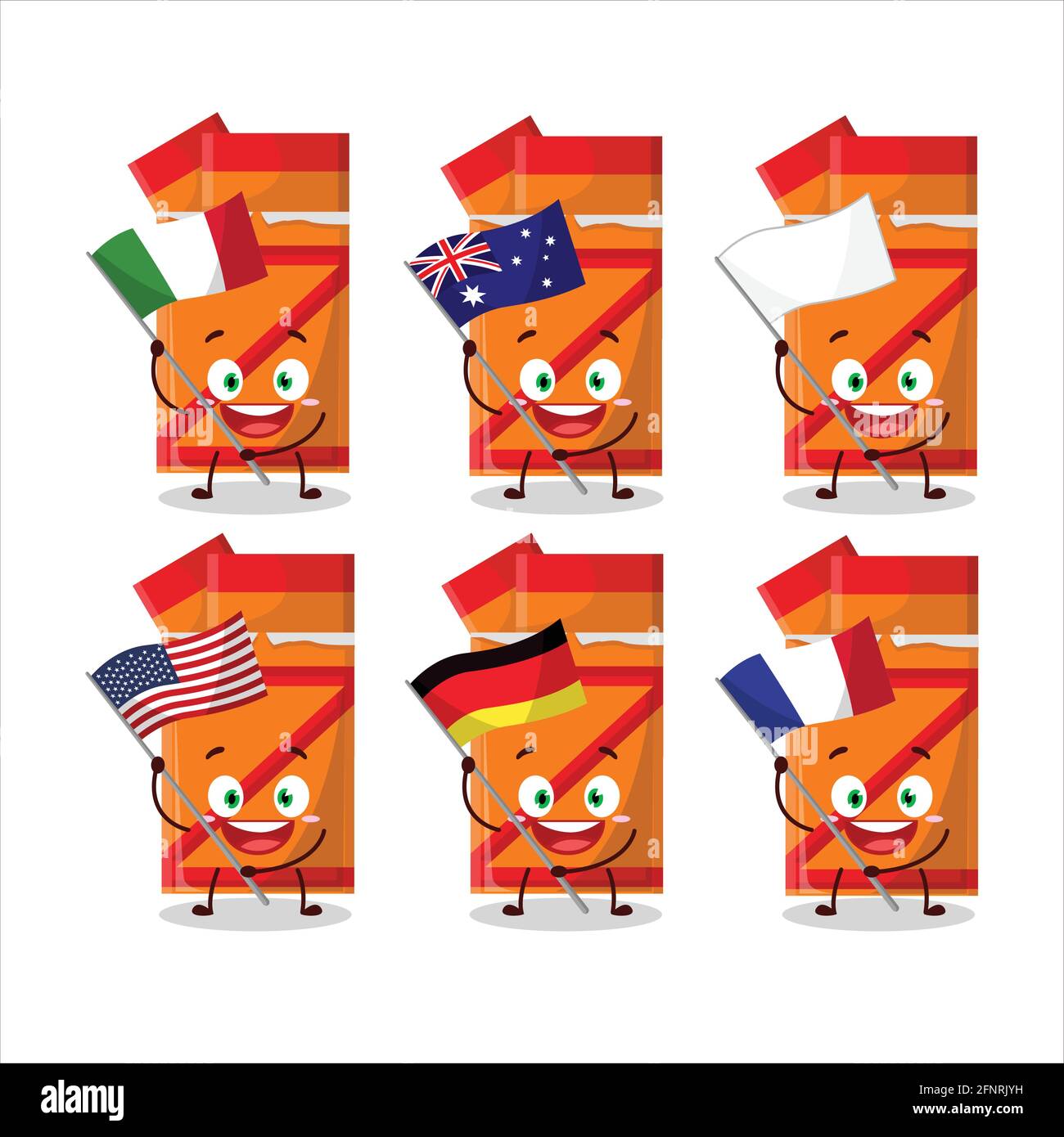 Orange bubble gum cartoon character bring the flags of various ...