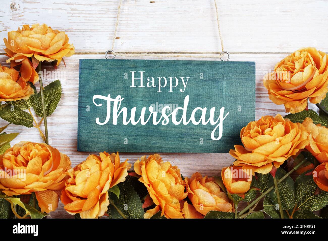Happy Thursday typography text with flower decoration on wooden ...