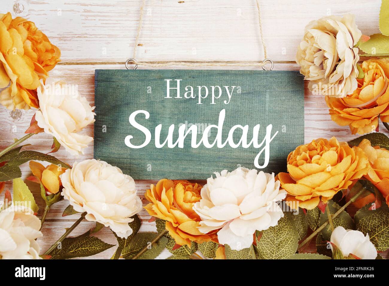Happy Sunday typography text with flower decoration on wooden ...