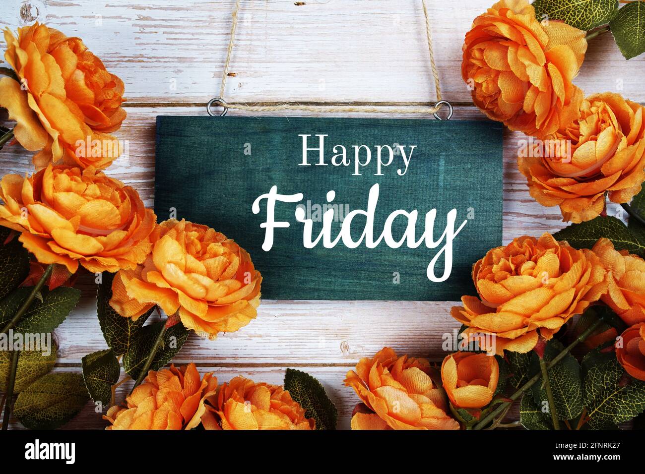 Happy Friday typography text with flower decoration on wooden ...
