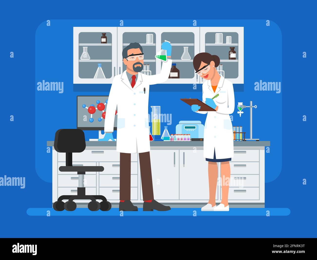 Vector illustration of scientists working at science lab, flat style ...
