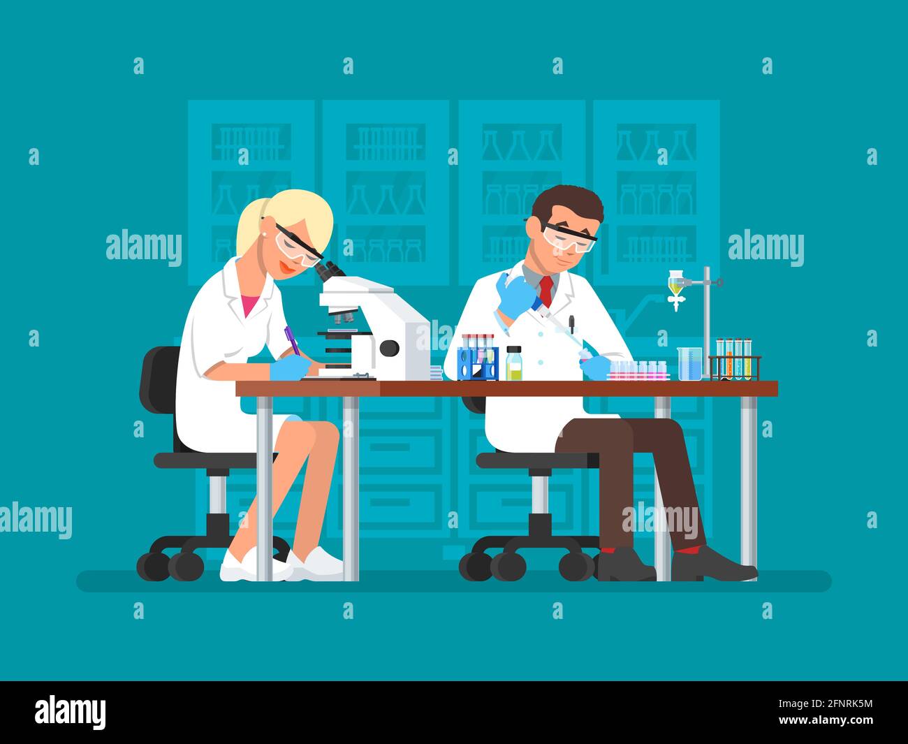 Vector illustration of scientists working at science lab, flat style ...