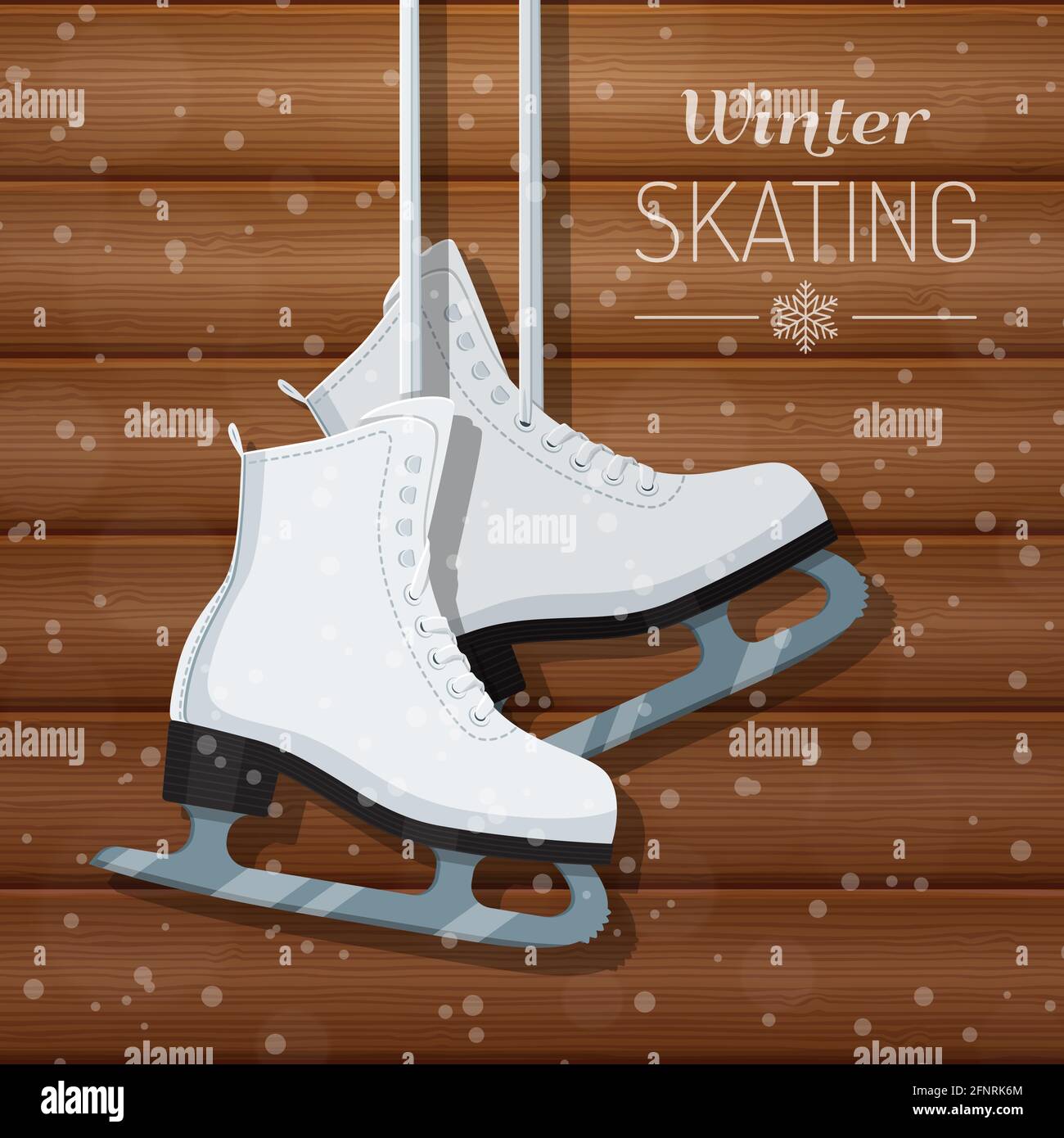 Vector illustration of white ice skates on wooden winter background ...