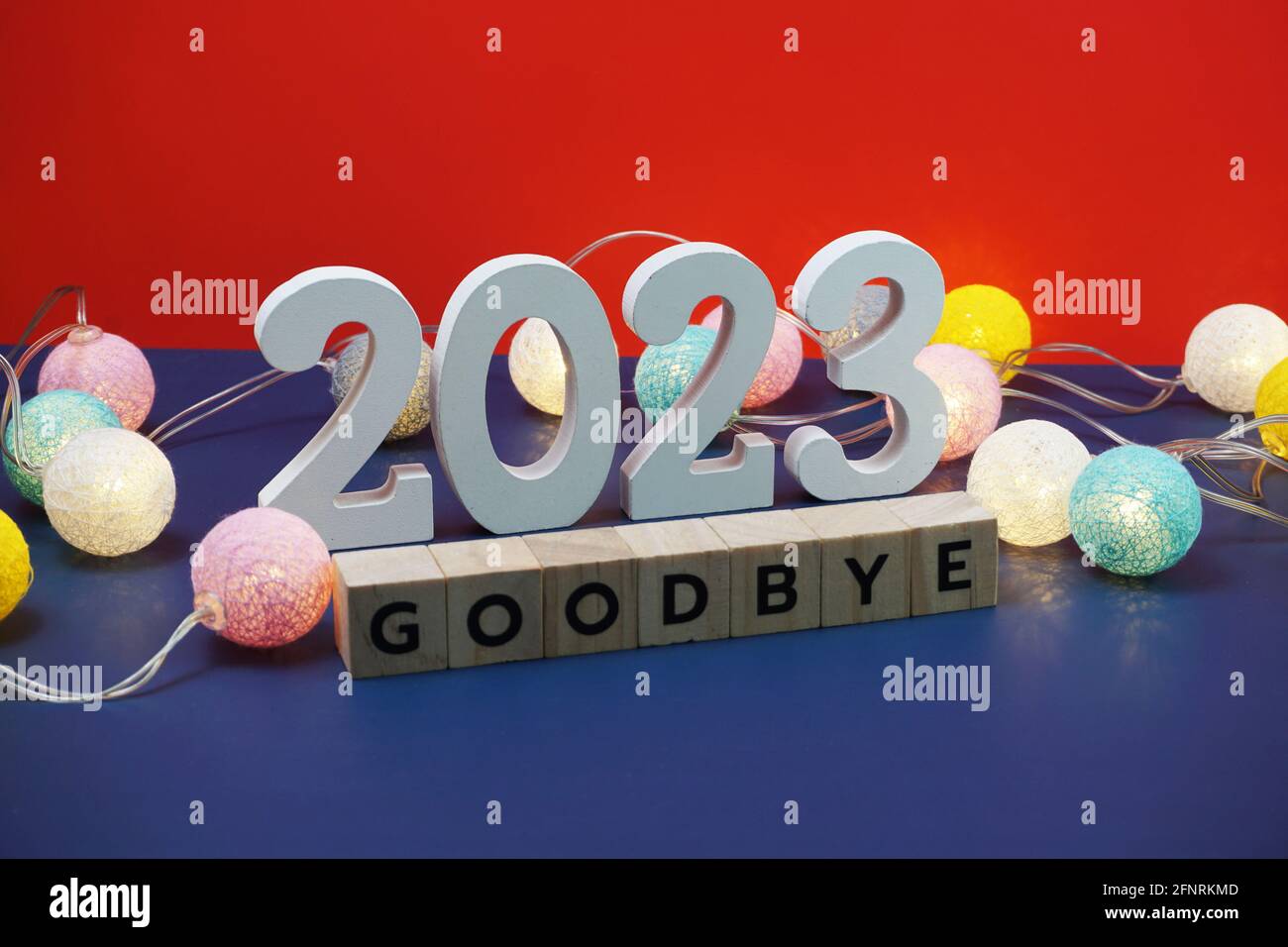 Goodbye 2023 word alphabet letters on red and blue background Stock ...