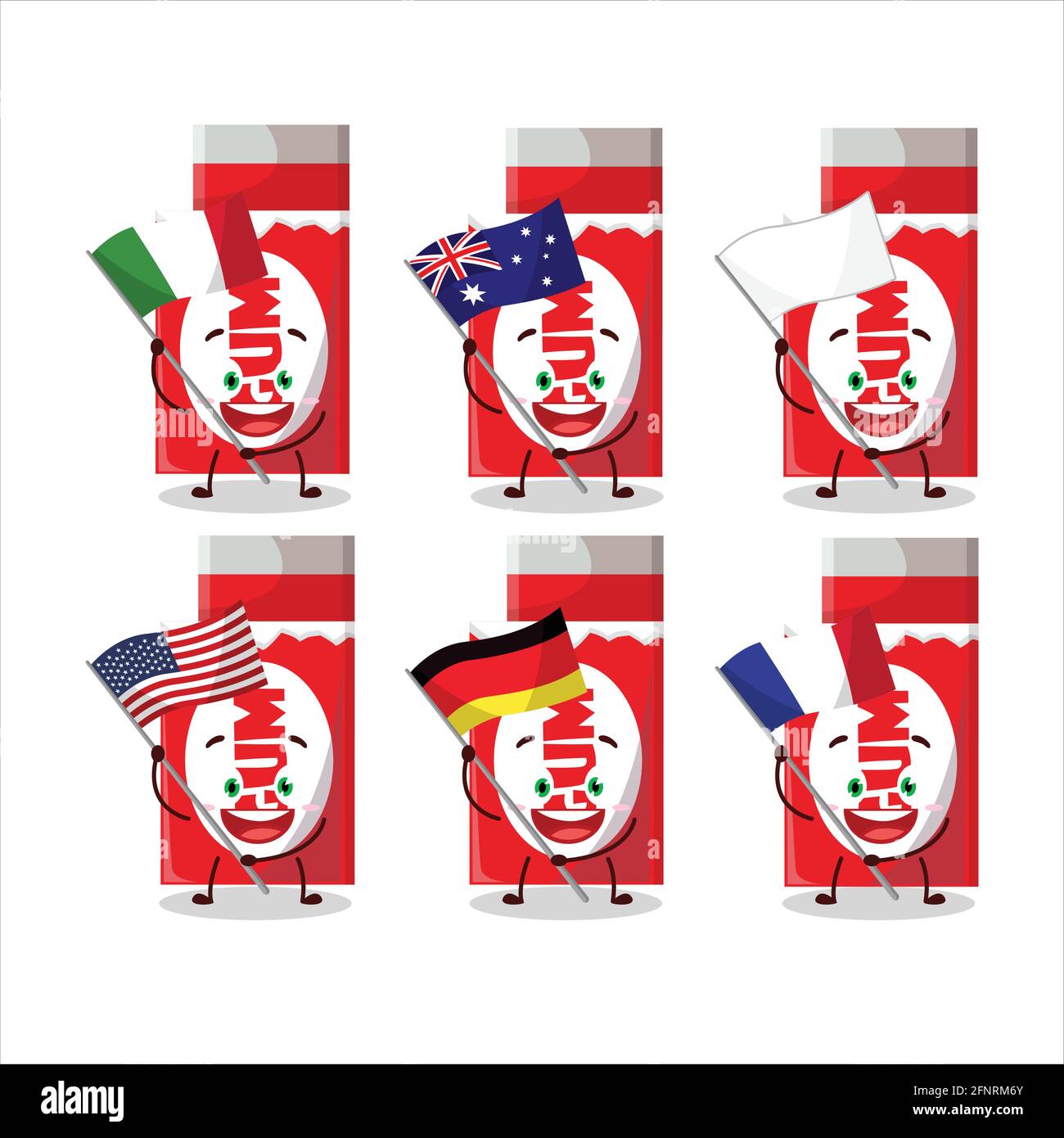 Red bubble gum cartoon character bring the flags of various countries ...