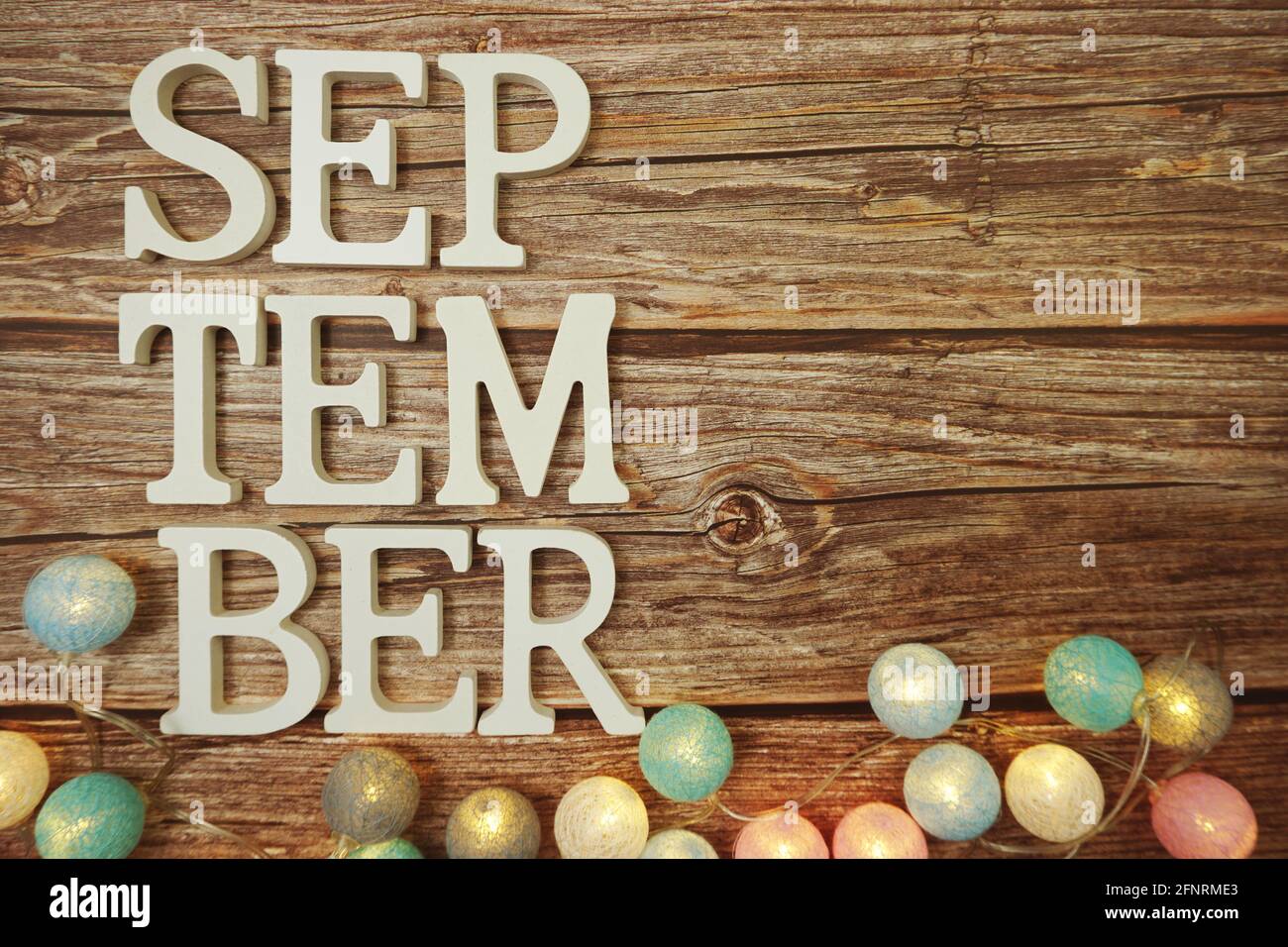 September alphabet letter with LED Cotton ball Decoration on wooden ...