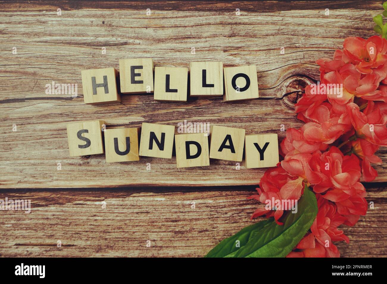 Hello Sunday alphabet letter with Blooming flower on wooden background ...
