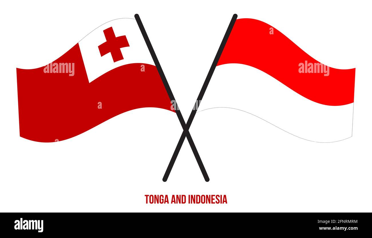 Tonga and Indonesia Flags Crossed And Waving Flat Style. Official ...