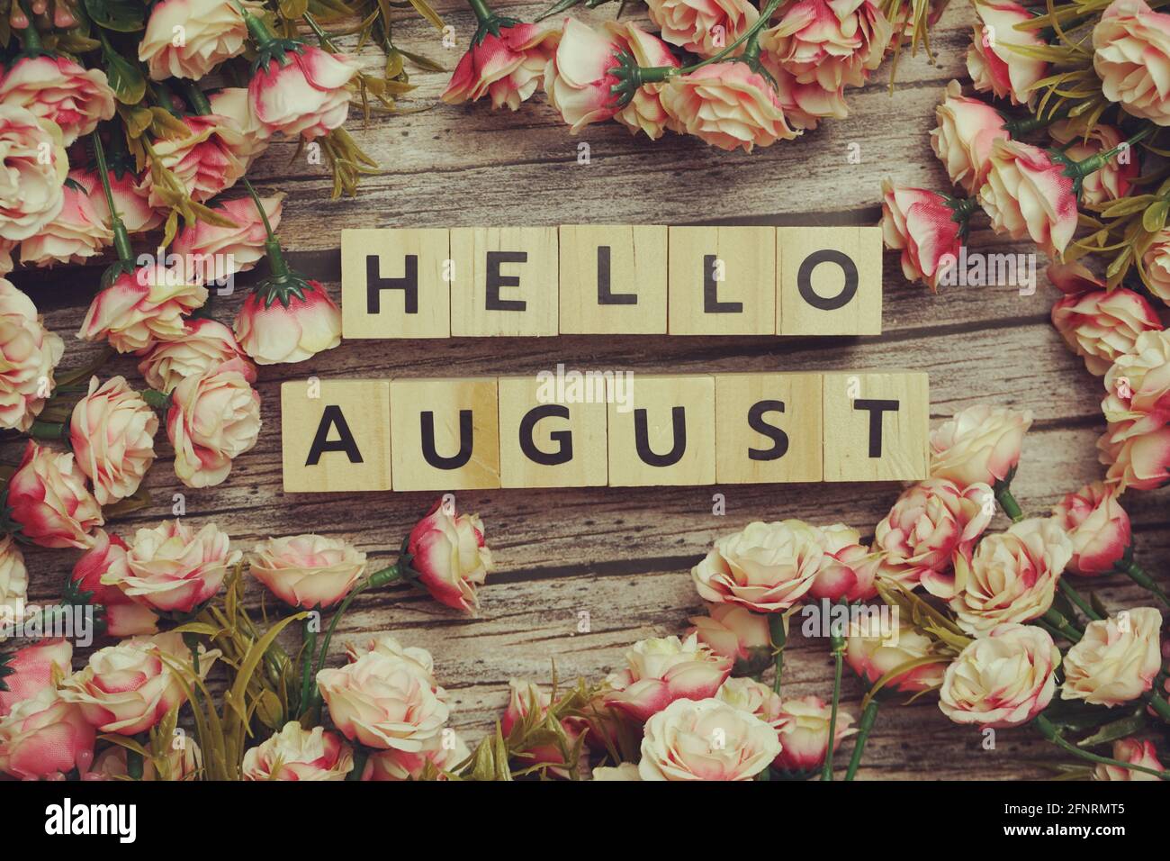 Hello August alphabet letters with pink flower decoration on wooden ...