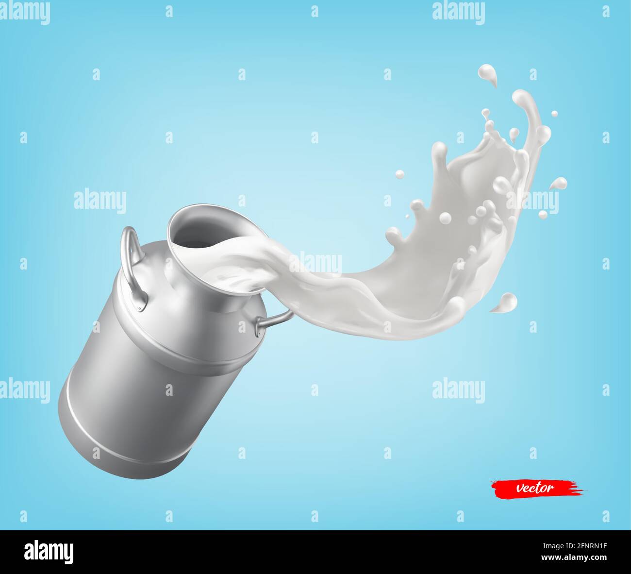 Milk can container and milk splash. 3d vector element for package ...