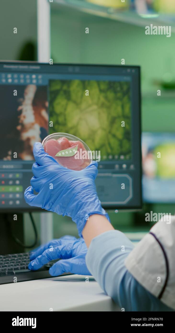 Chemist woman analyzing vegan beef meat for biochemistry experiment ...