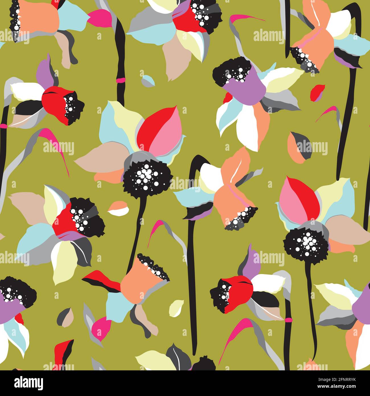 Colorful and vibrant daffodils in a repreating seamless pattern design ...