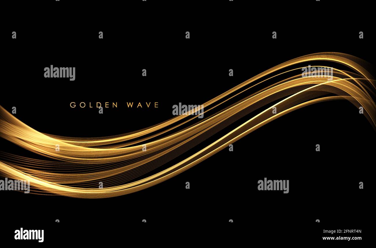 Abstract Gold Waves. Shiny golden moving lines design element with glitter effect on dark ...