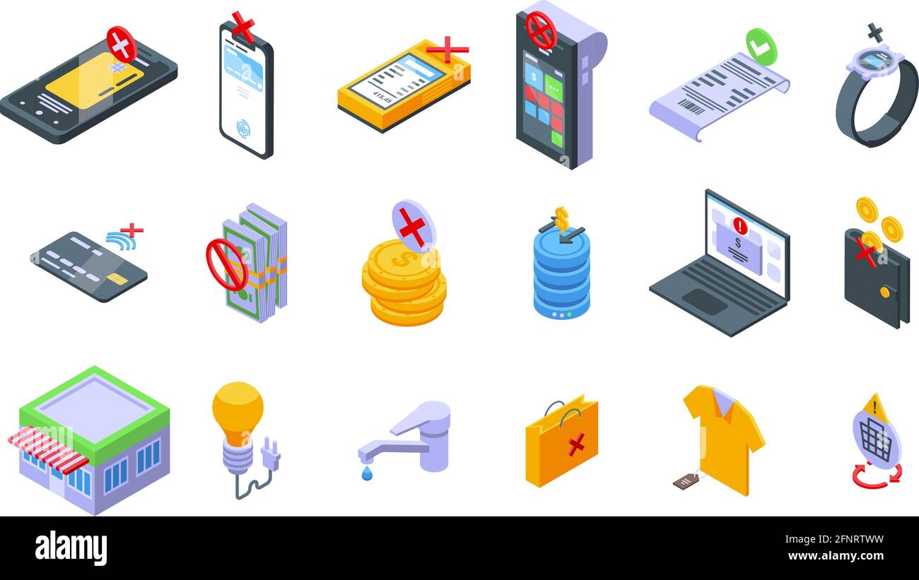 Payment cancellation icons set. Isometric set of payment cancellation ...