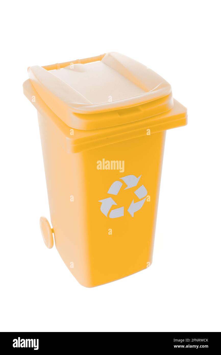 Plastic yellow trash can isolated on white background Stock Photo - Alamy