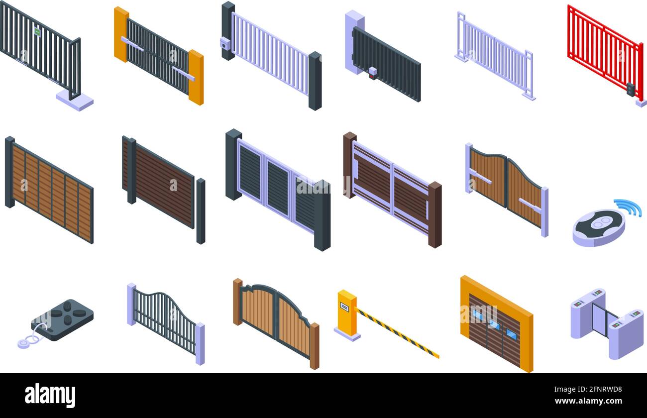 Automatic gate icons set. Isometric set of automatic gate vector icons ...