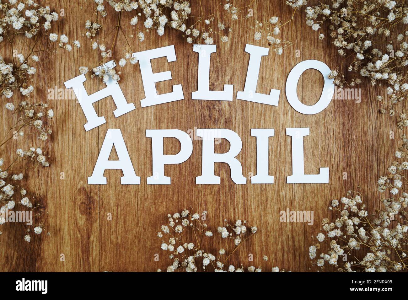 Hello April Alphabet Letters with dried flower on wooden background ...