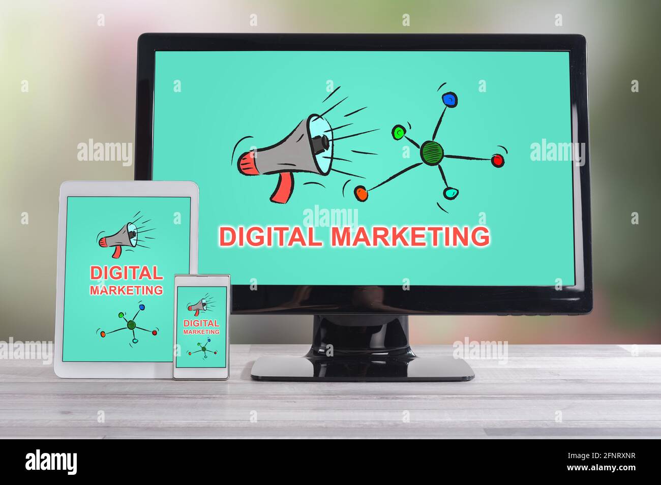 Digital marketing concept shown on different information technology ...