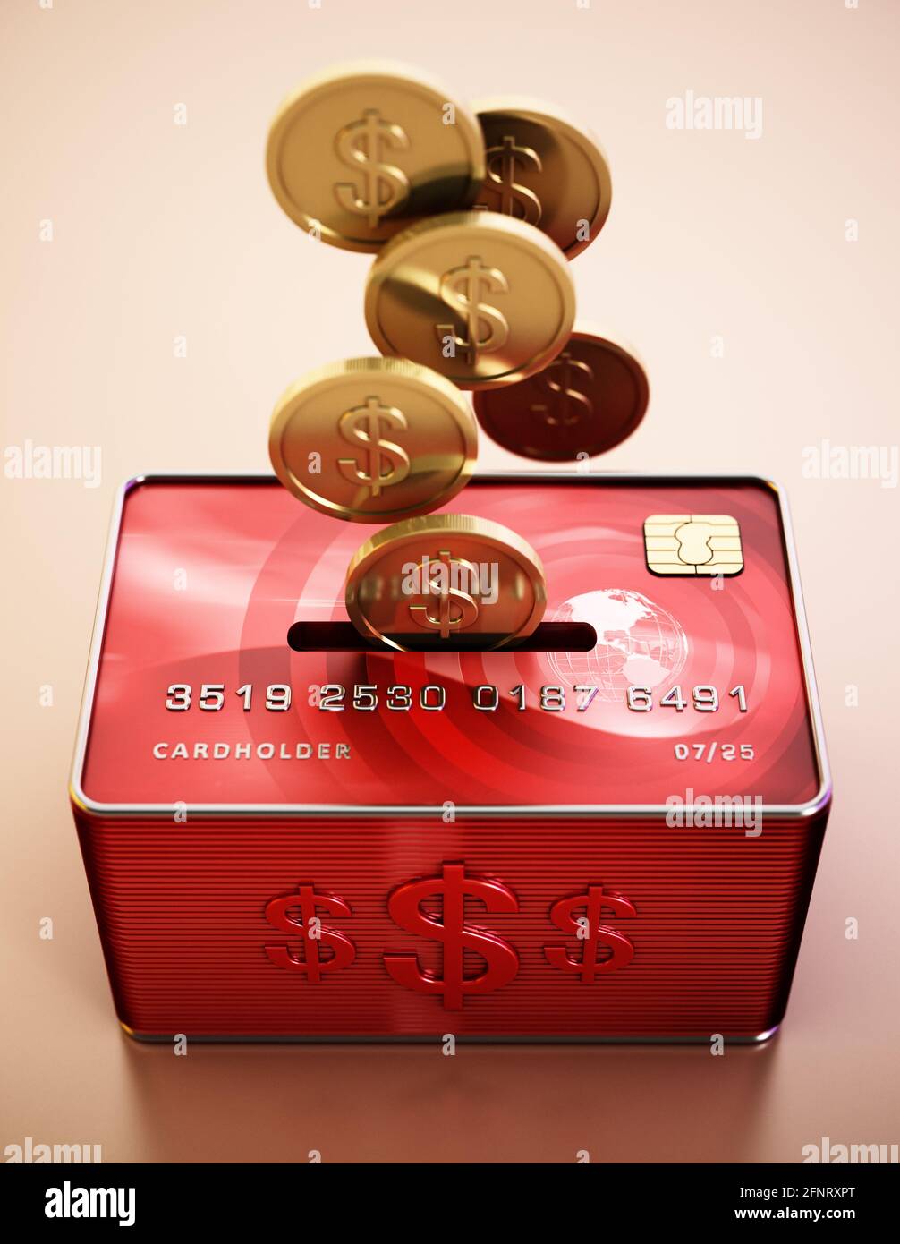 Moneybox with credit card and gold coins. 3D illustration Stock Photo ...
