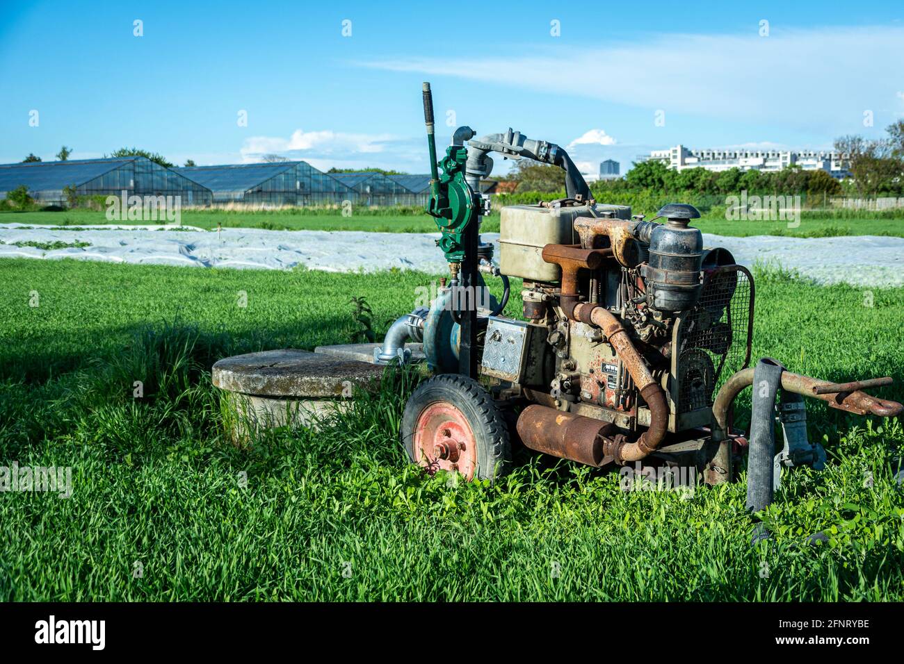 agricultural irrigation system with an old rusty diesel water pump ...