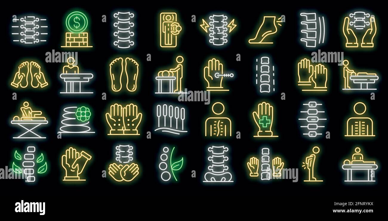 Osteopathy icons set. Outline set of osteopathy vector icons neon color ...